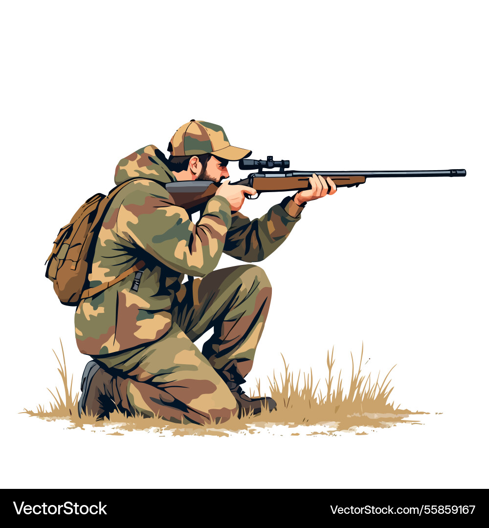 Ai-generated hunter kneeling and aiming with rifle