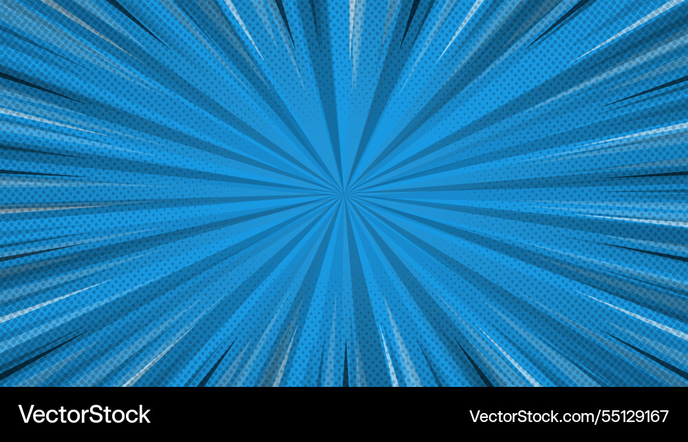 Blau Comic Hintergrund mit Strahlen und Halbton Punkte