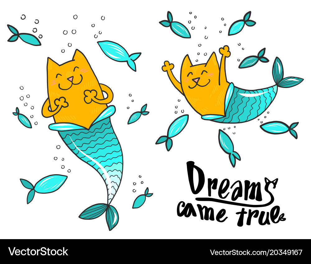 Cartoon doodle cat mermaid and fish with text Vector Image
