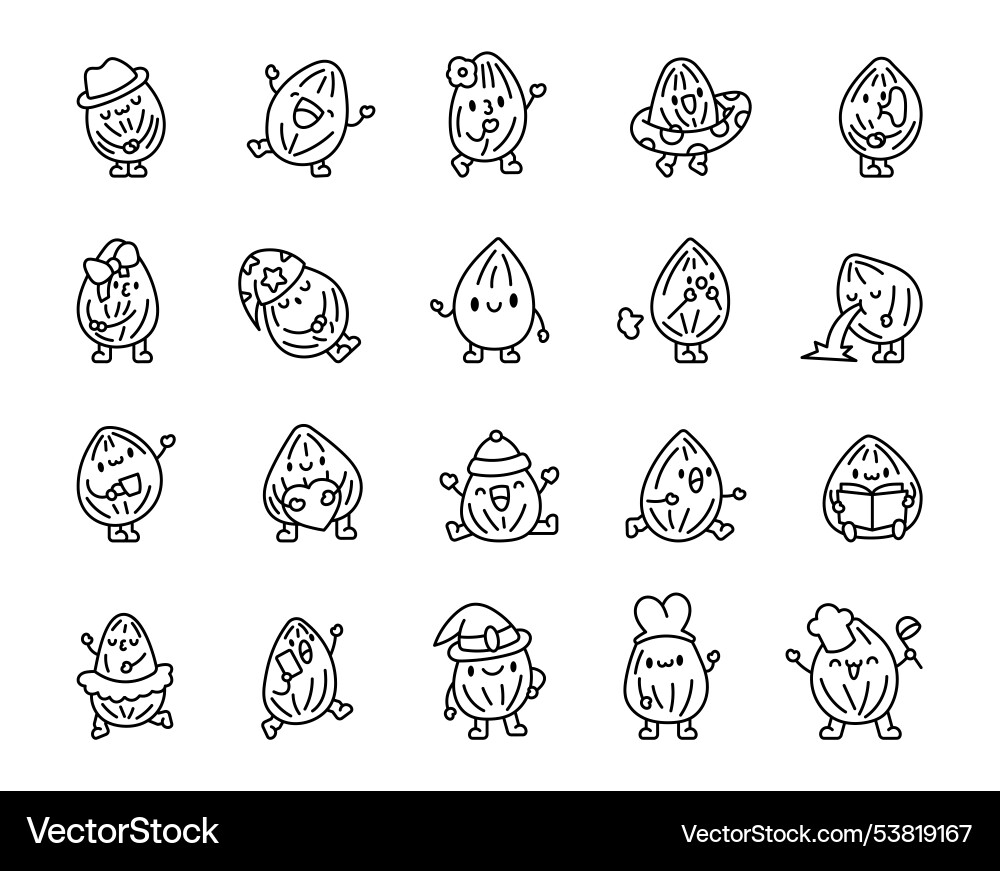 Cute almond character coloring page Royalty Free Vector