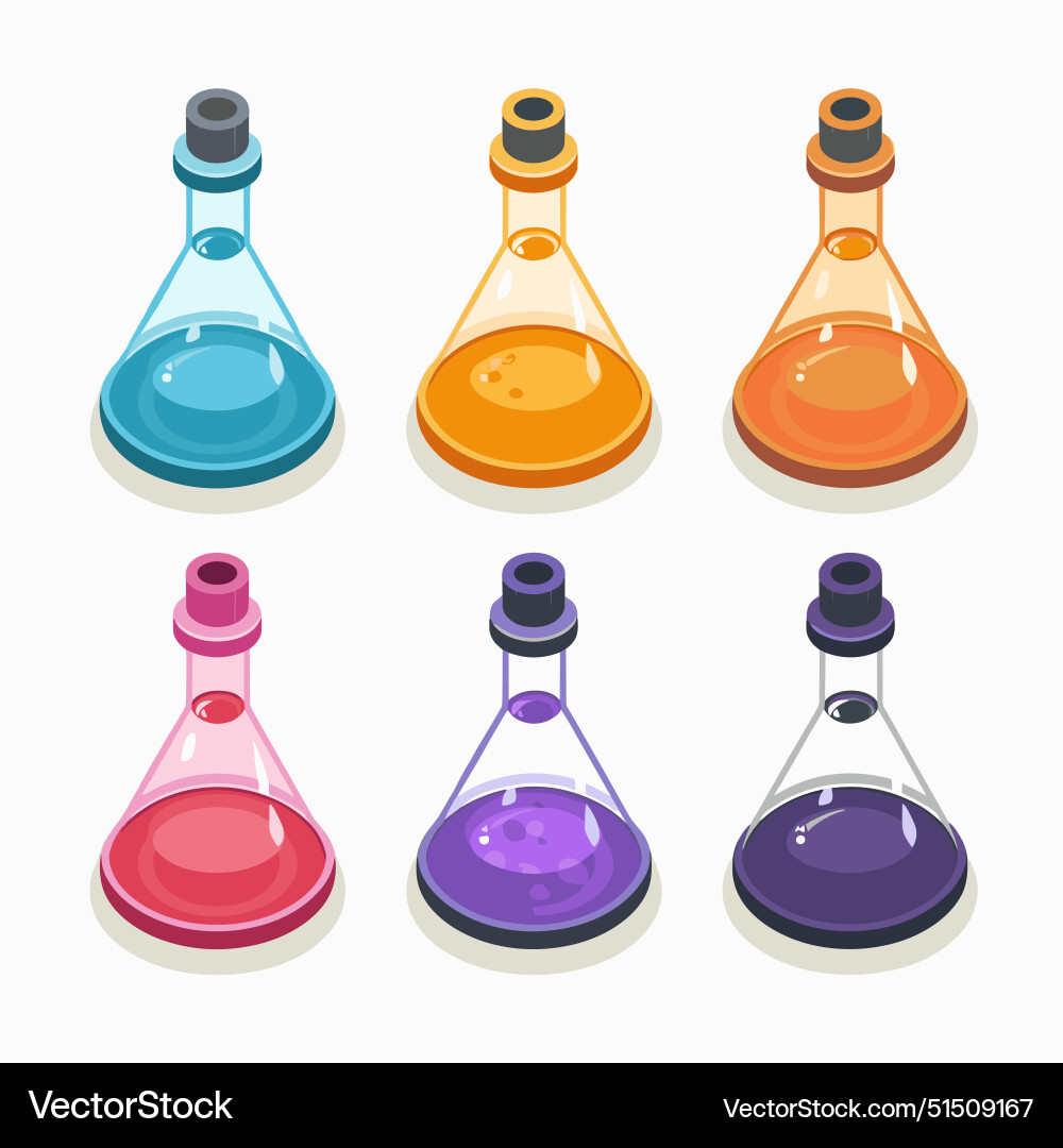 Six colorful laboratory flasks containing Vector Image