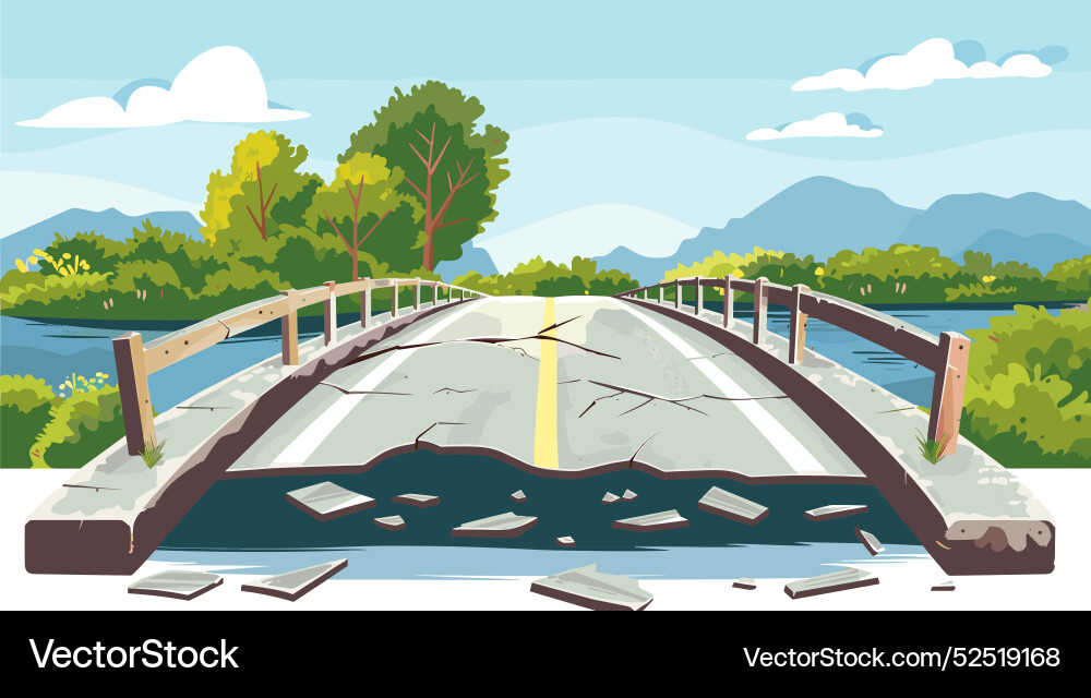 Collapsed bridge over river broken road structure Vector Image