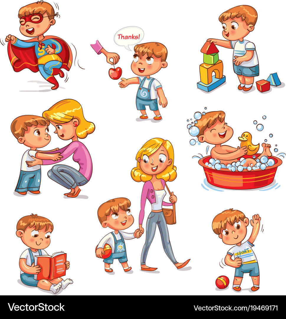 Cartoon kid daily routine activities set Vector Image