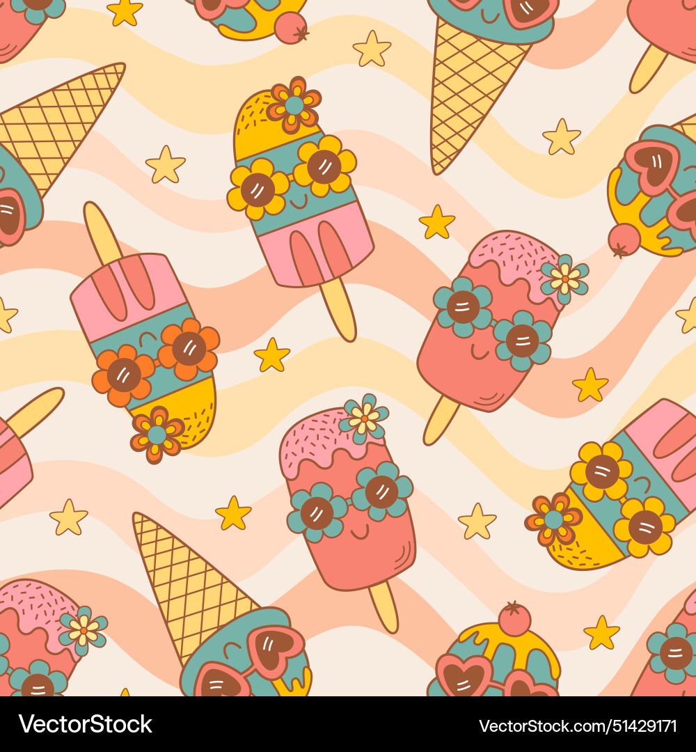 Seamless pattern with cute ice cream and flowers Vector Image