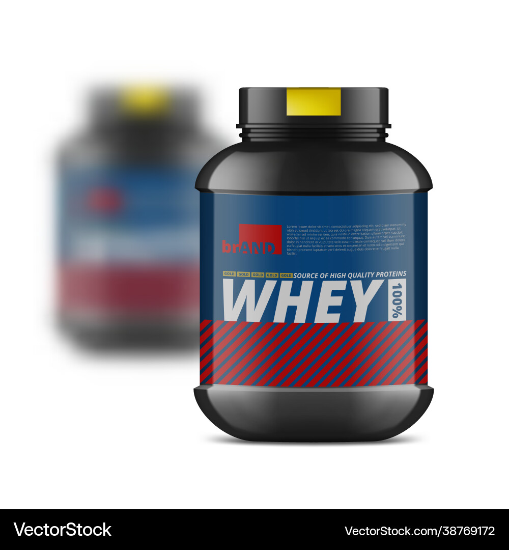 Black whey protein jar and blured one behind Vector Image