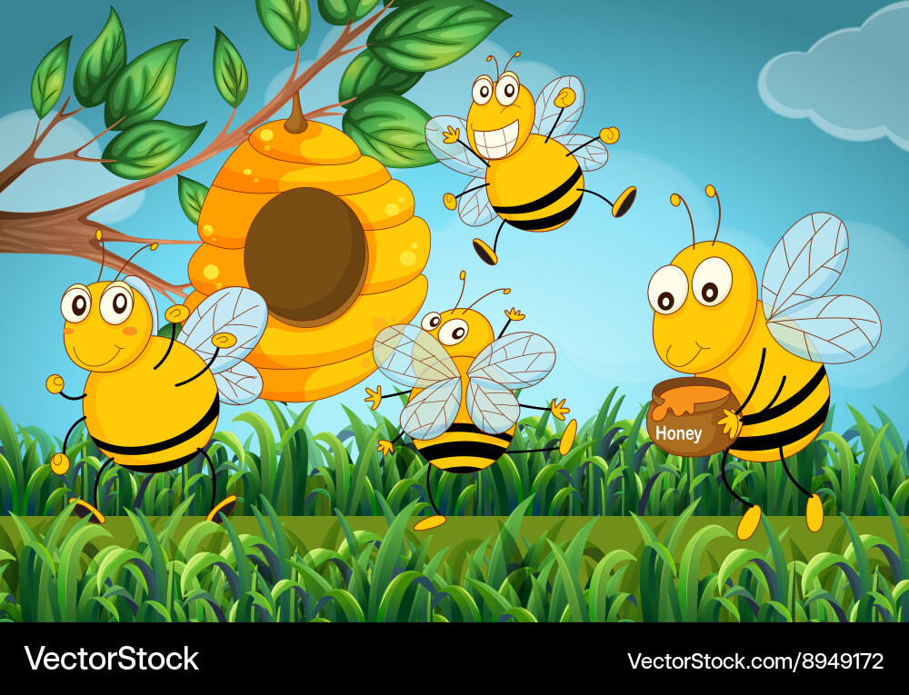 Four bees flying around the beehive Royalty Free Vector