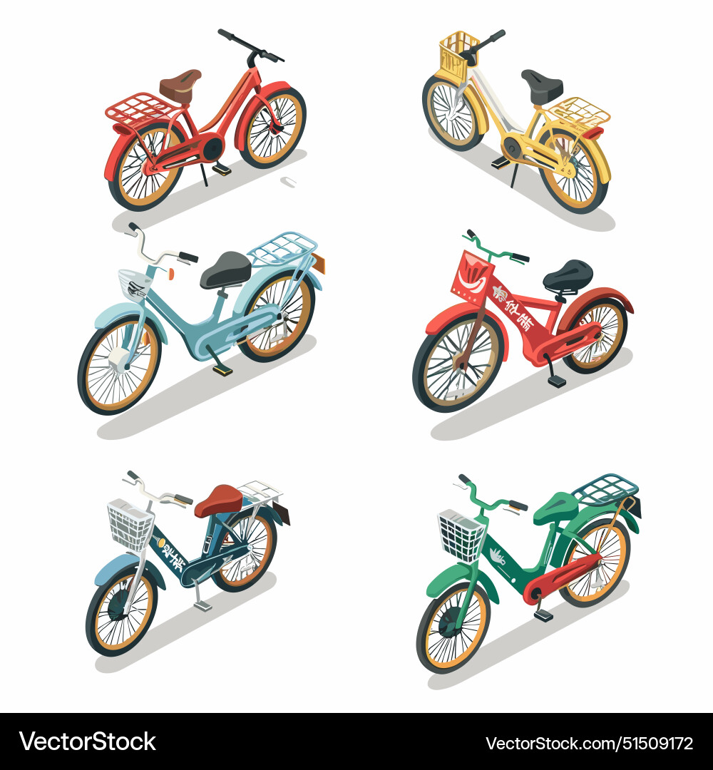 Set six colorful bicycles isometric view Vector Image