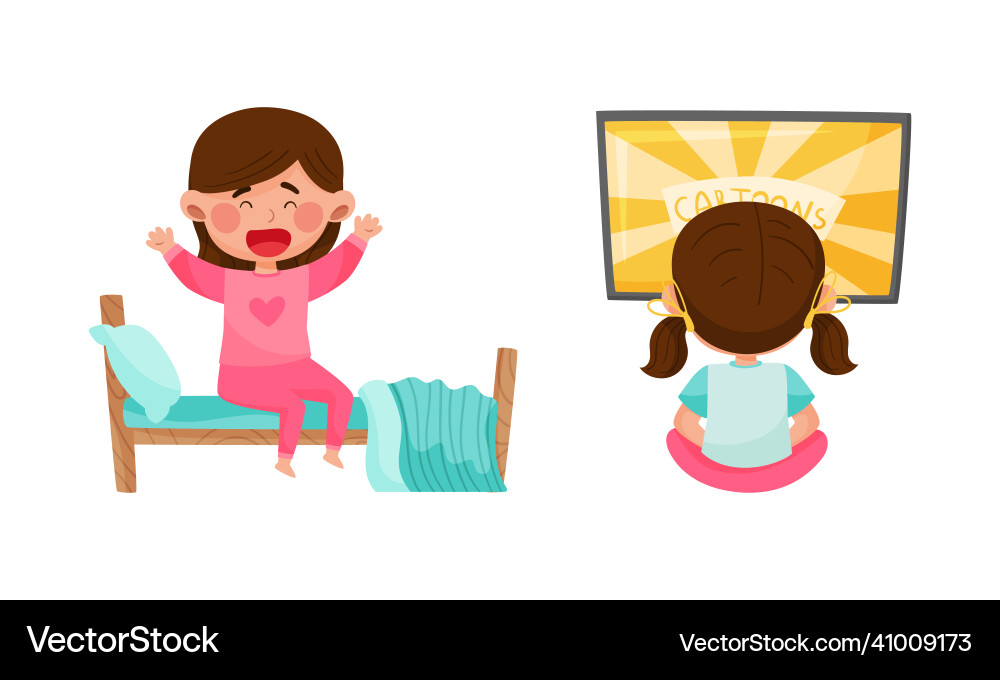 Cute girl daily routine activities set Royalty Free Vector