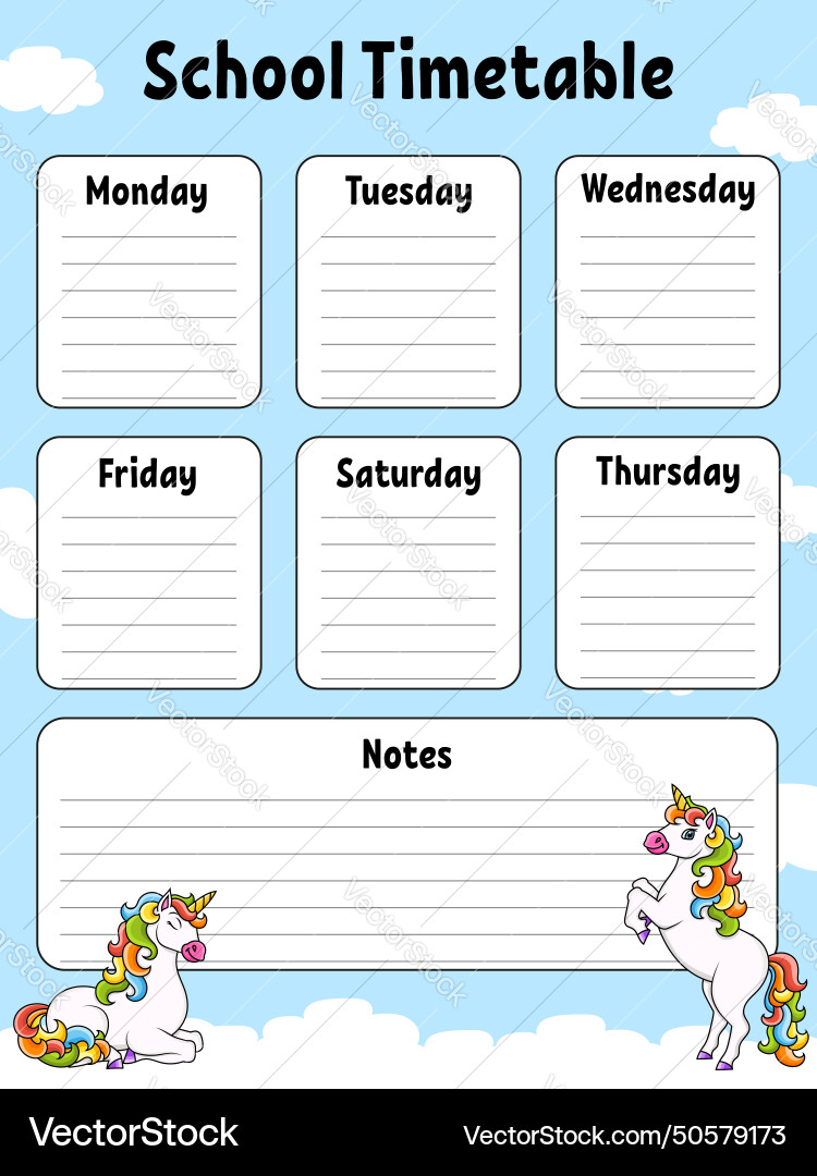 School timetable with magic unicorn Royalty Free Vector