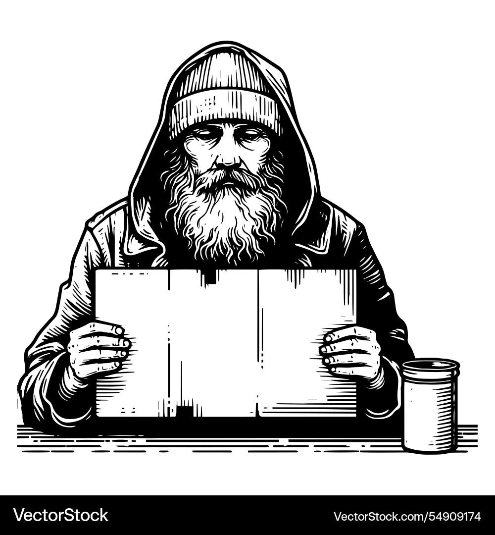 Homeless man sitting with blank sign Royalty Free Vector