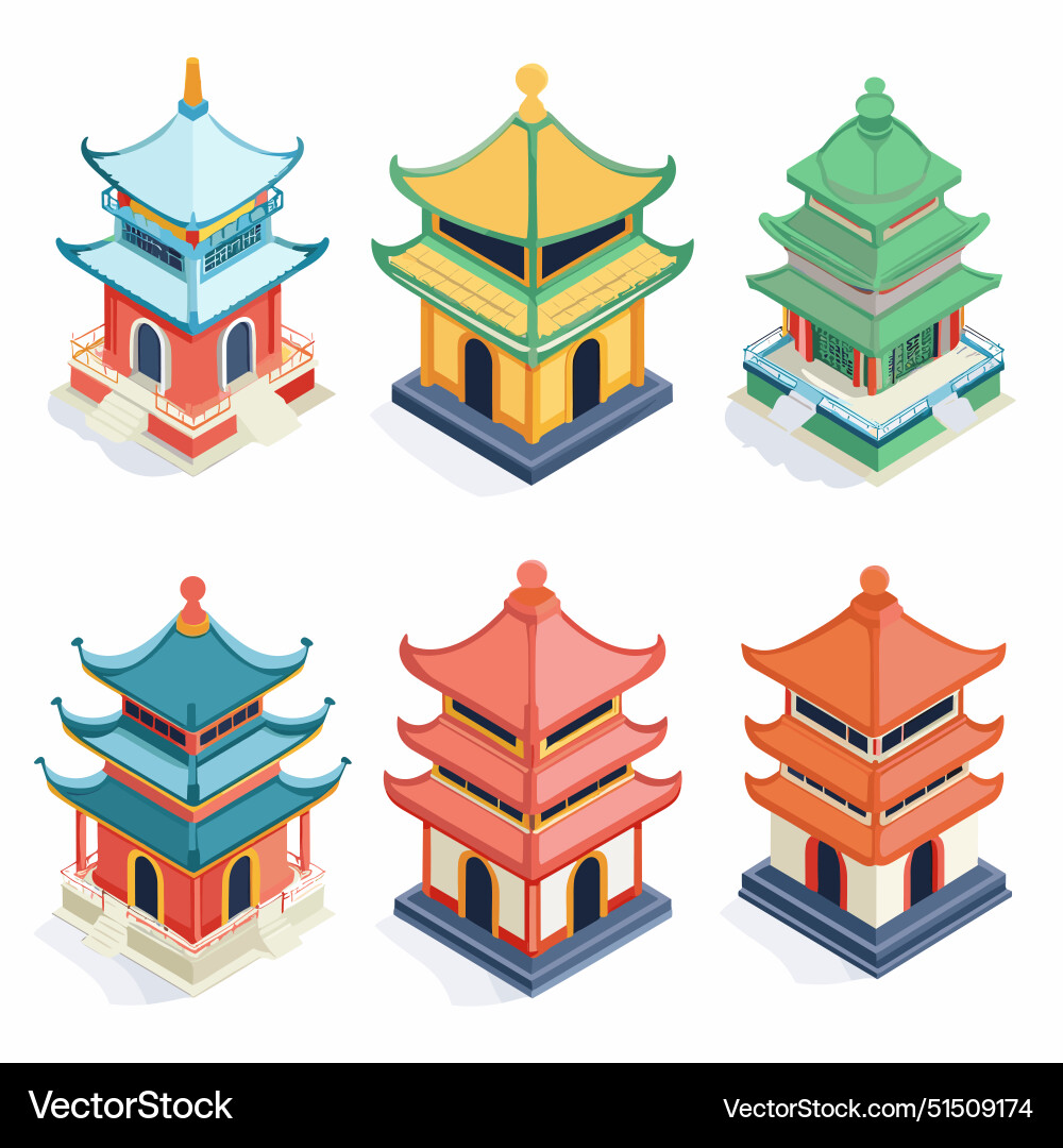 Isometric traditional asian pagodas collection Vector Image