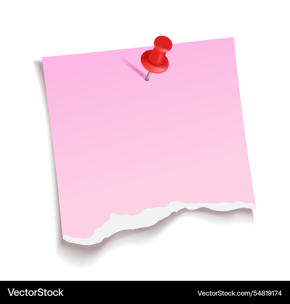 Pink torn paper note with a red pushpin isolated Vector Image