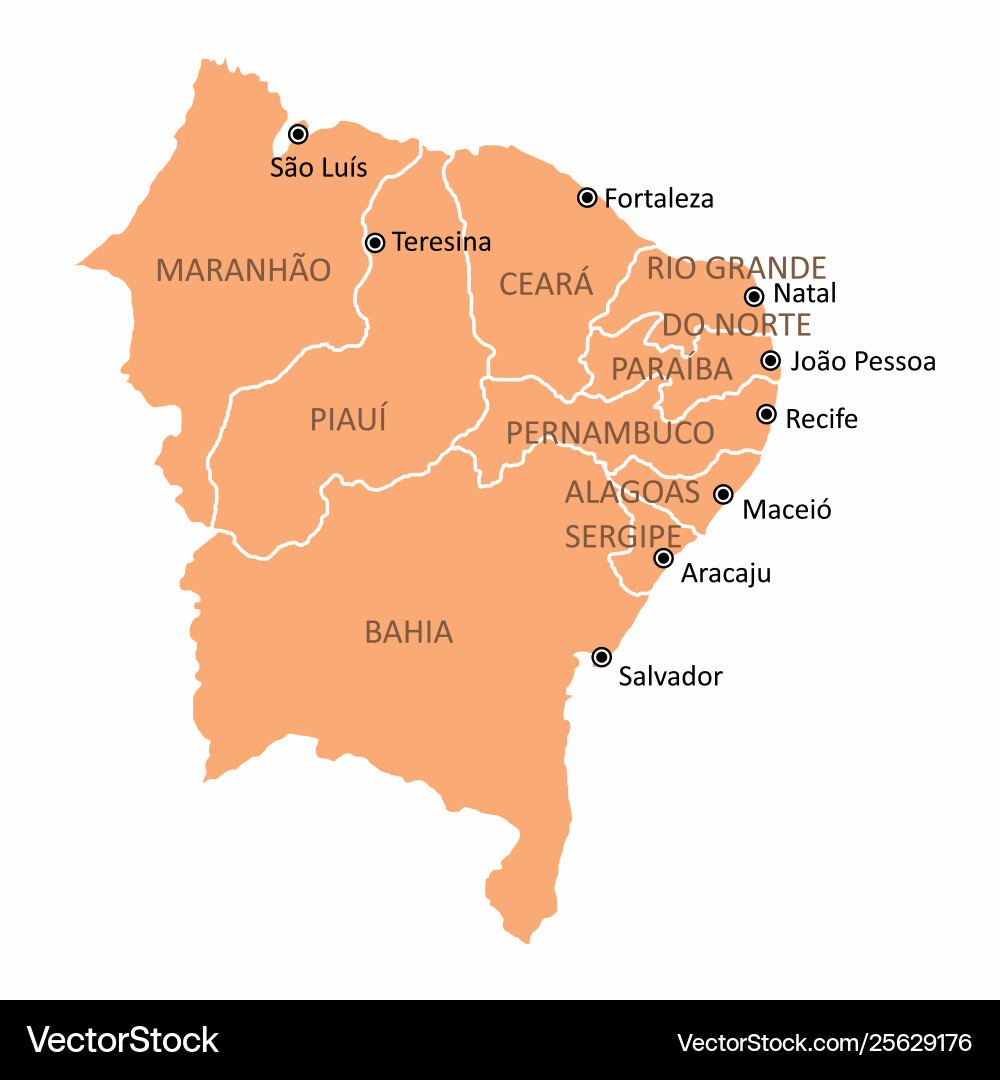 Brazil northeast region map Royalty Free Vector Image