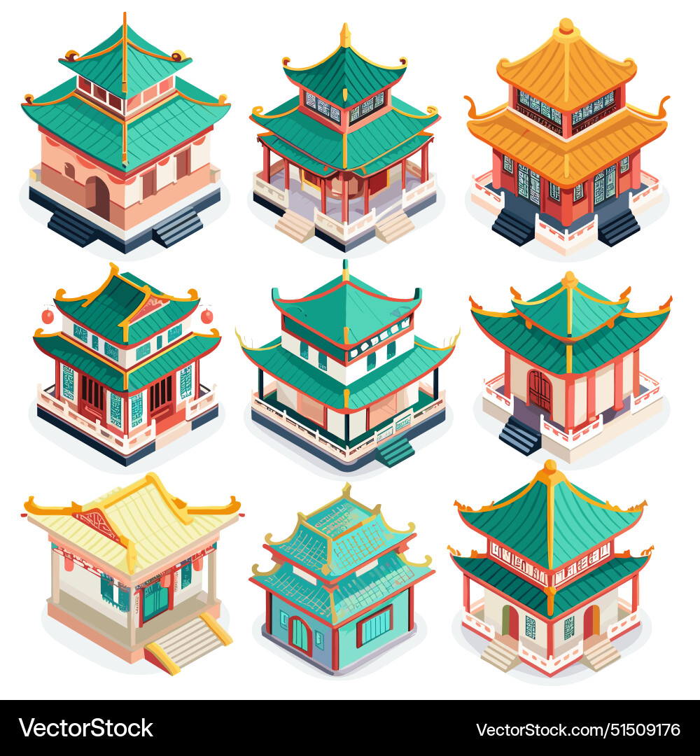 Set traditional chinese buildings isometric style Vector Image