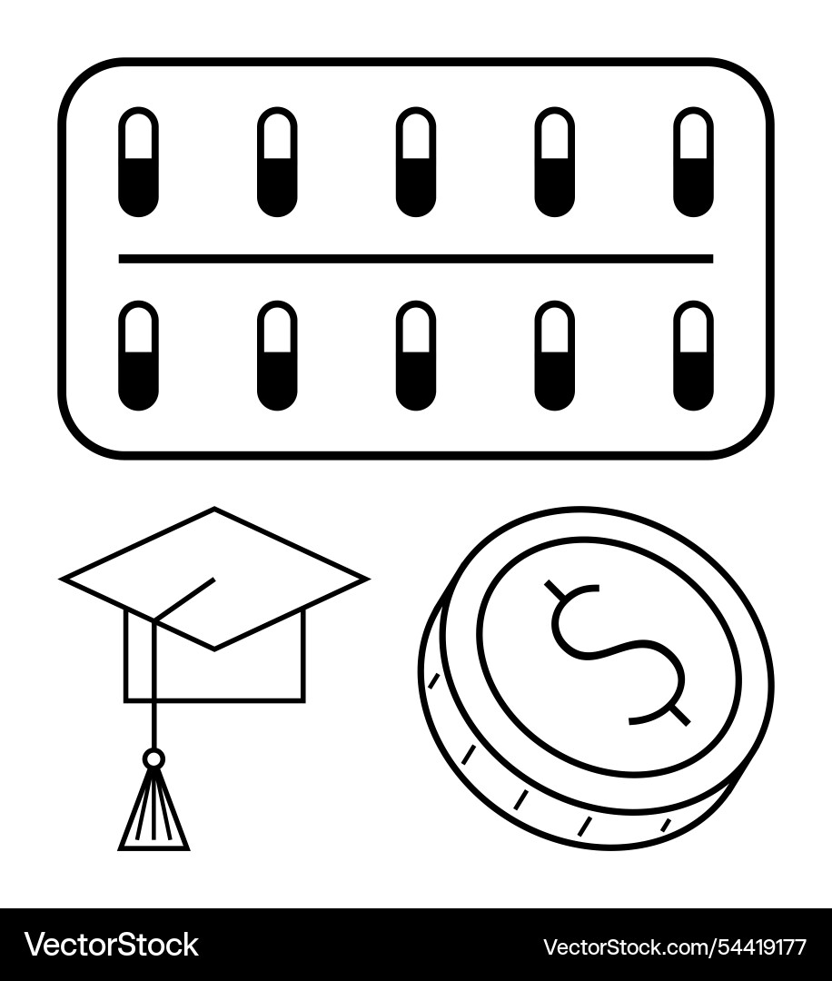 Pill blister pack graduation cap and coin Vector Image