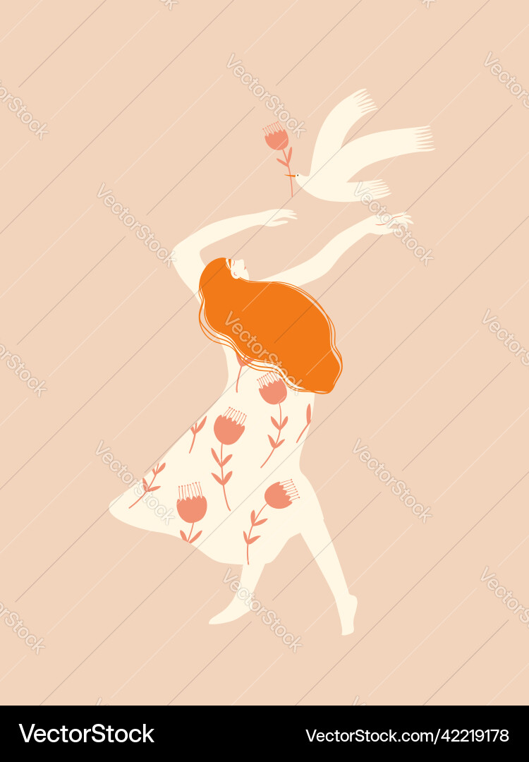 Dancing woman and flying bird Royalty Free Vector Image