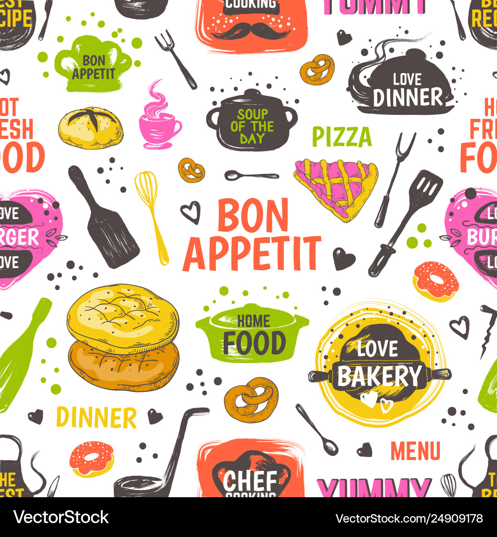 Doodle food pattern menu seamless background Vector Image