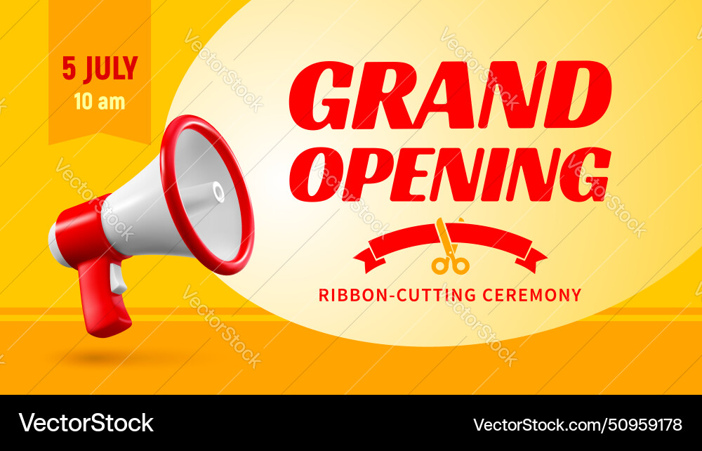 Grand opening advertising banner with 3d megaphone