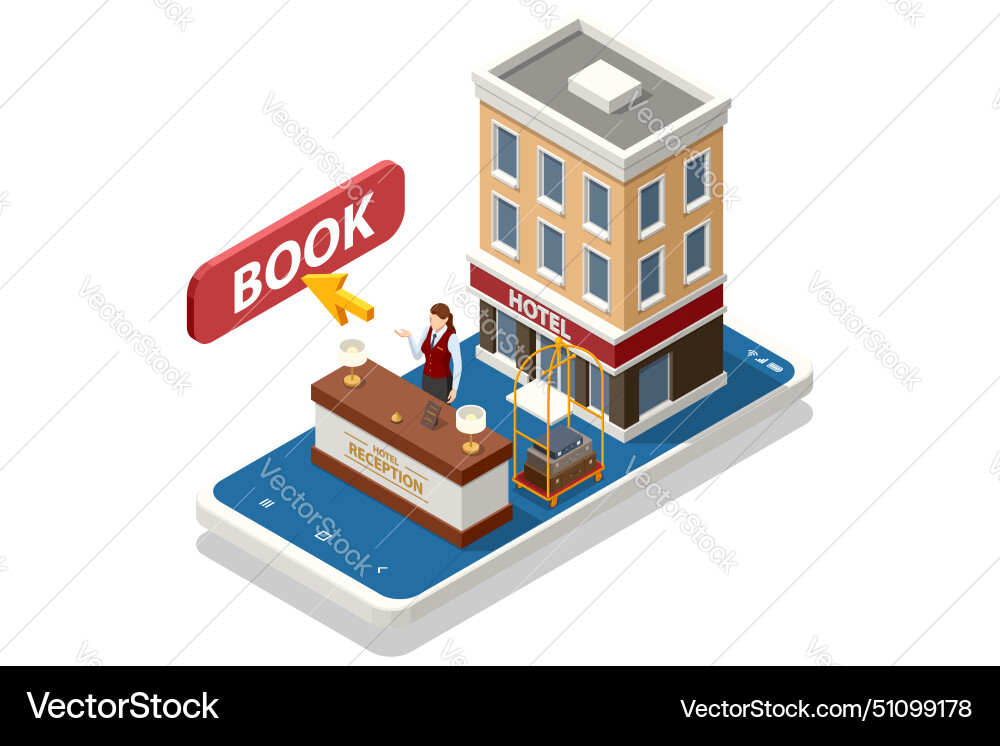 Isometric online hotel booking concept characters Vector Image