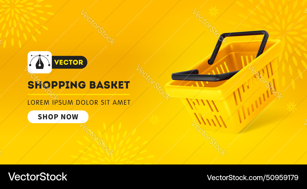 Background with 3d realistic yellow grocery basket