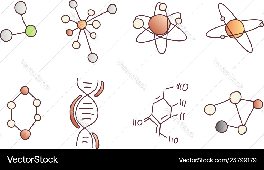 Cute cartoon molecule and atom icon set atomic Vector Image