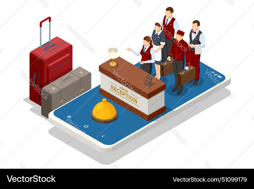 Isometric online hotel booking concept characters Vector Image