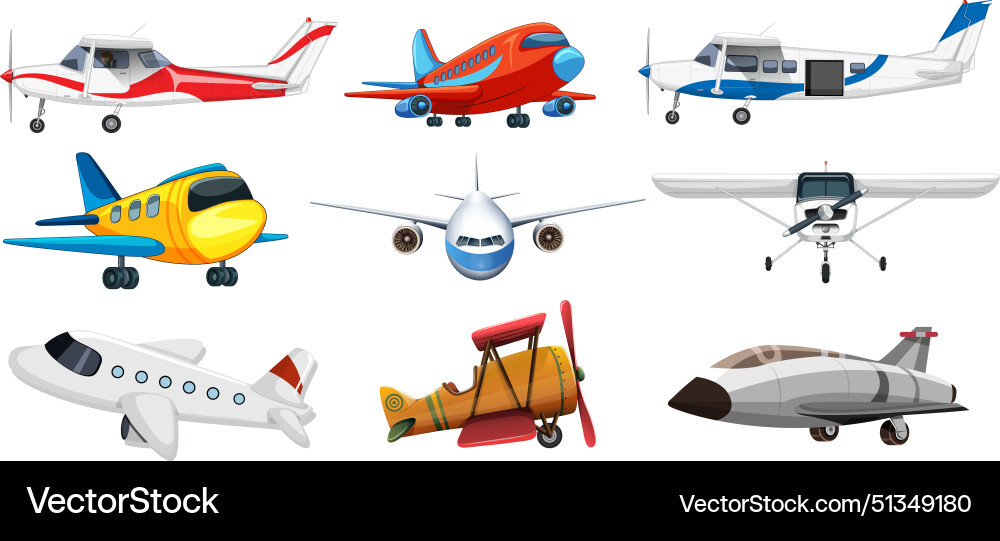 Collection of different types airplanes Royalty Free Vector