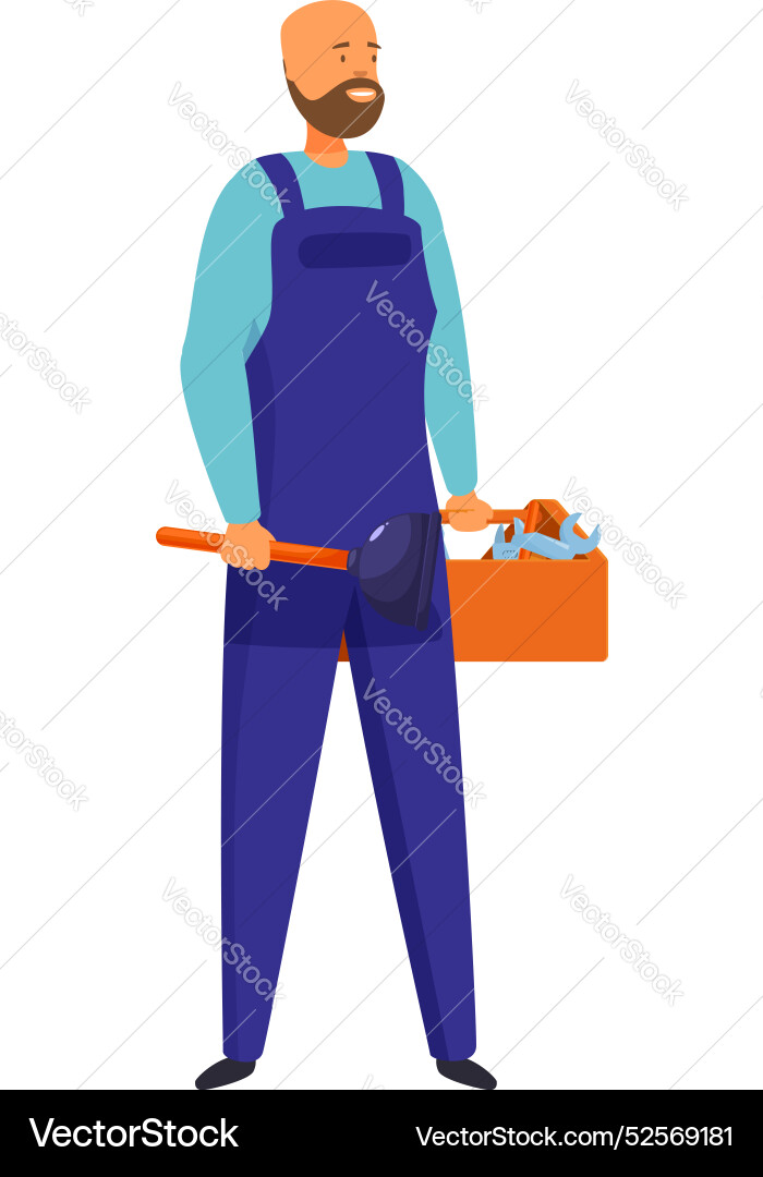 Plumber holding plunger and toolbox plumbing Vector Image
