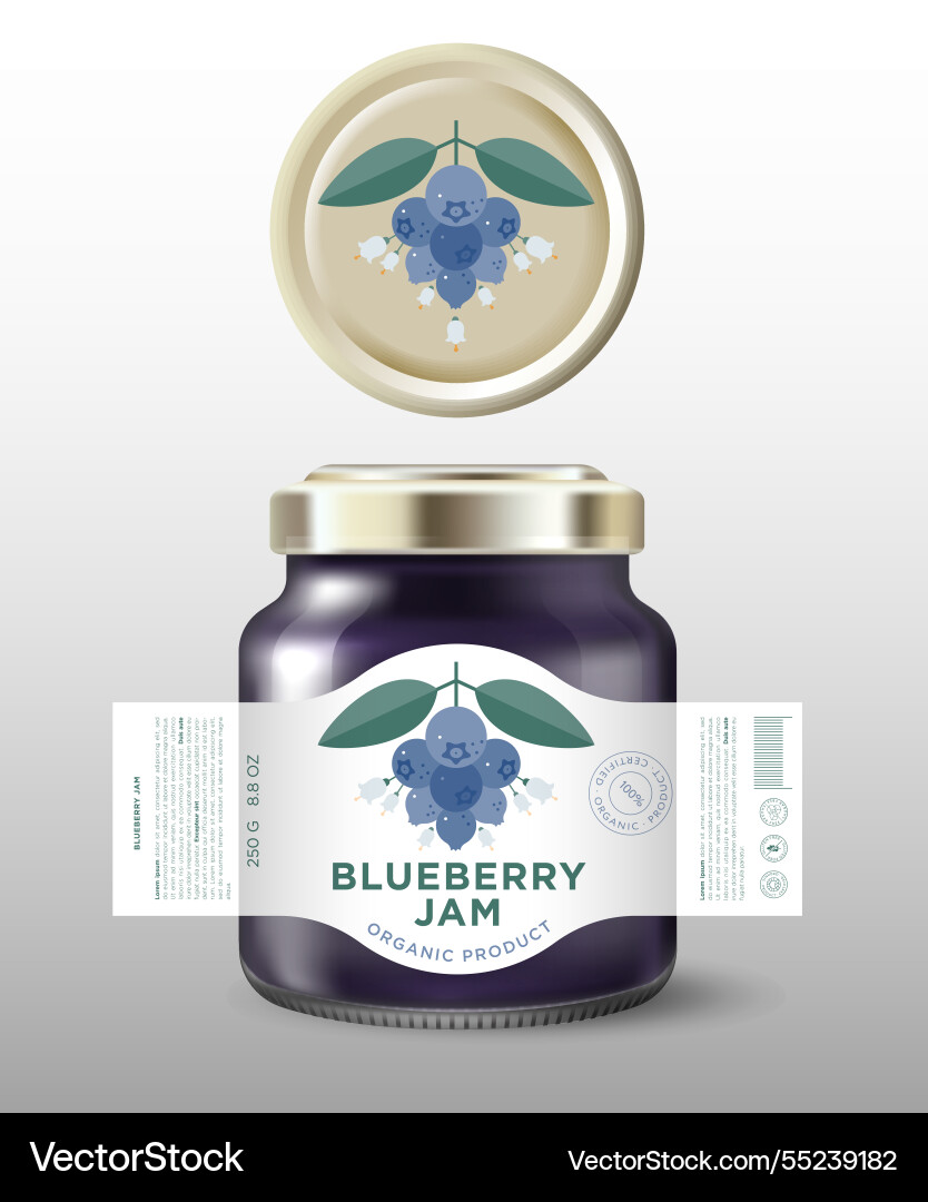 Blueberry jam label packaging mockup jar lid Vector Image