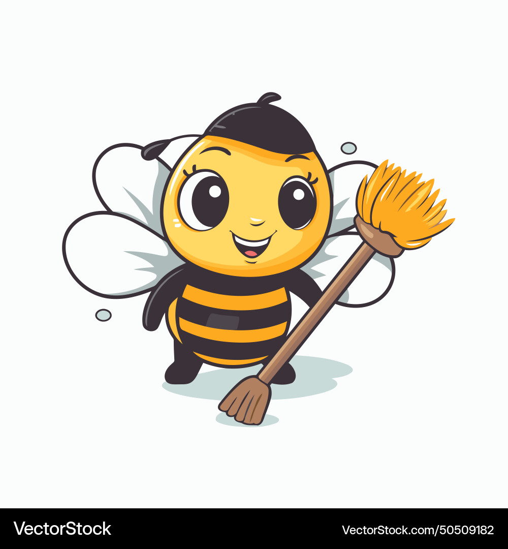 Cute cartoon bee with broom on white background Vector Image