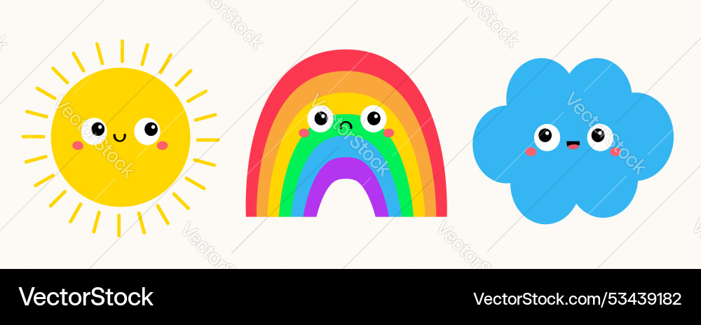 Sun rainbow cloud icon set line cute cartoon Vector Image