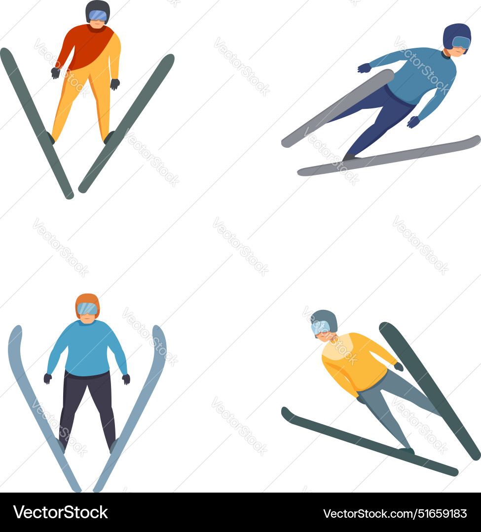 Jumping skier icons set cartoon ski Royalty Free Vector