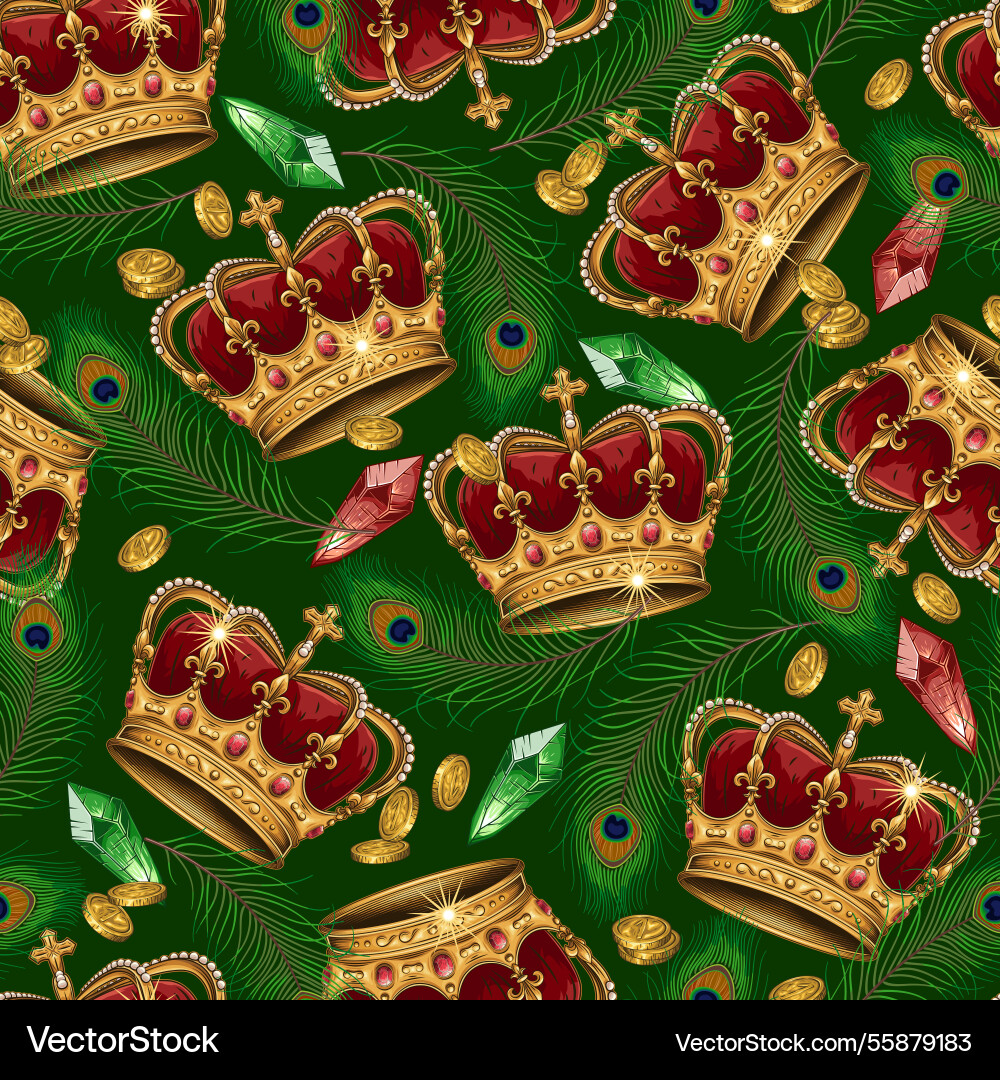 Muster mit Krone Pfaufedern Edelsteine Lizenzfreier Vektor