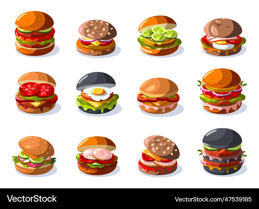 Burger collection cartoon raw beef sliced Vector Image