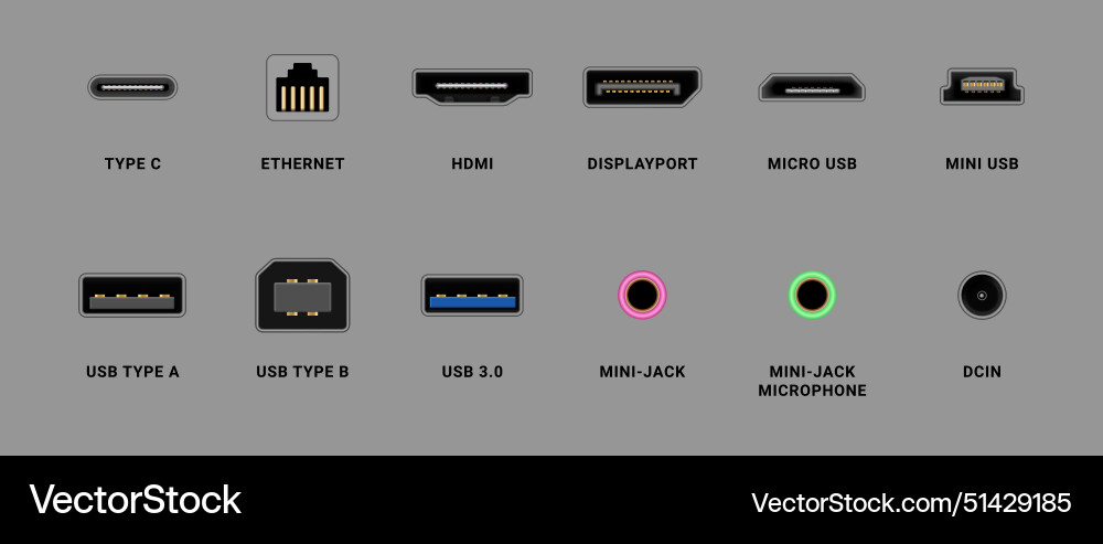 Computer-Ports verschiedener Typen-Steckverbinder Vektorbild