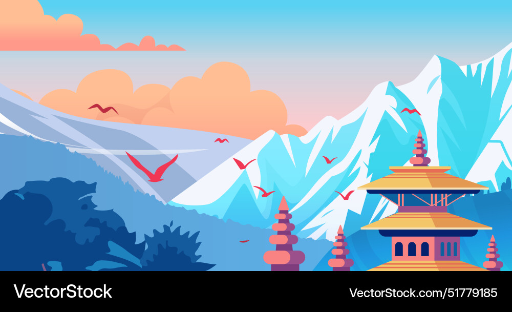 Mountain landscape with snow-capped peaks temple Vector Image