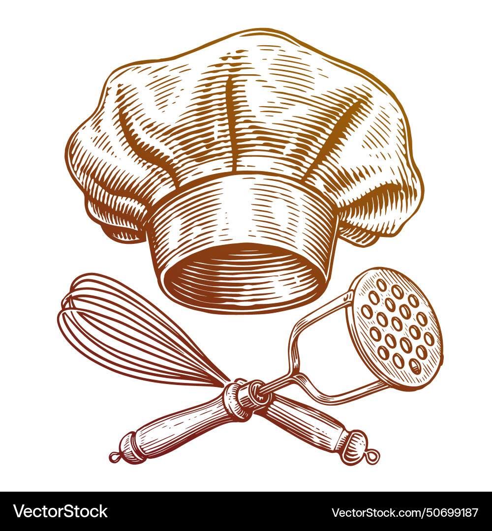 Chef hat and crossed kitchen tools food concept Vector Image