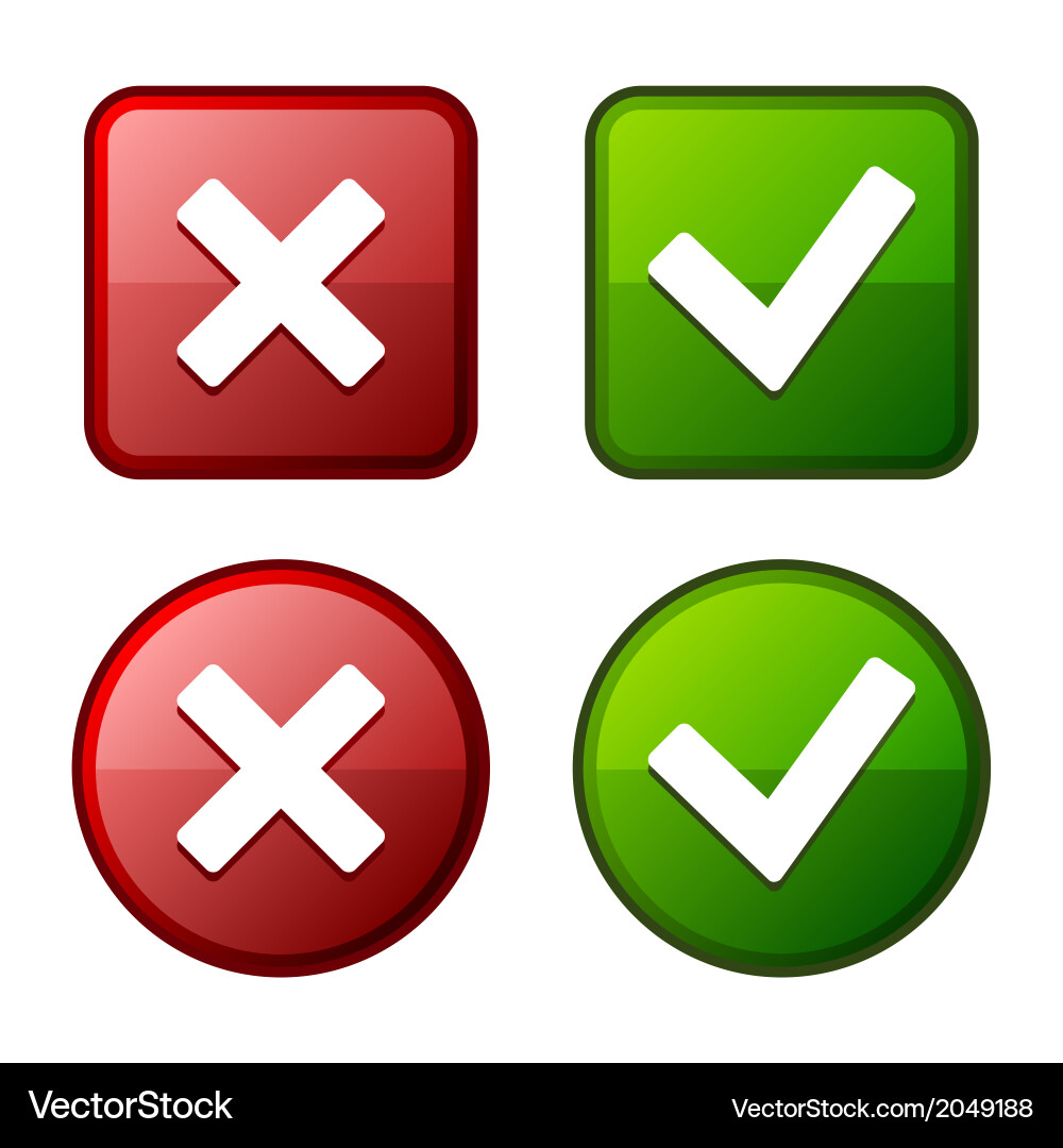 Glossy check mark stickers and buttons red green Vector Image