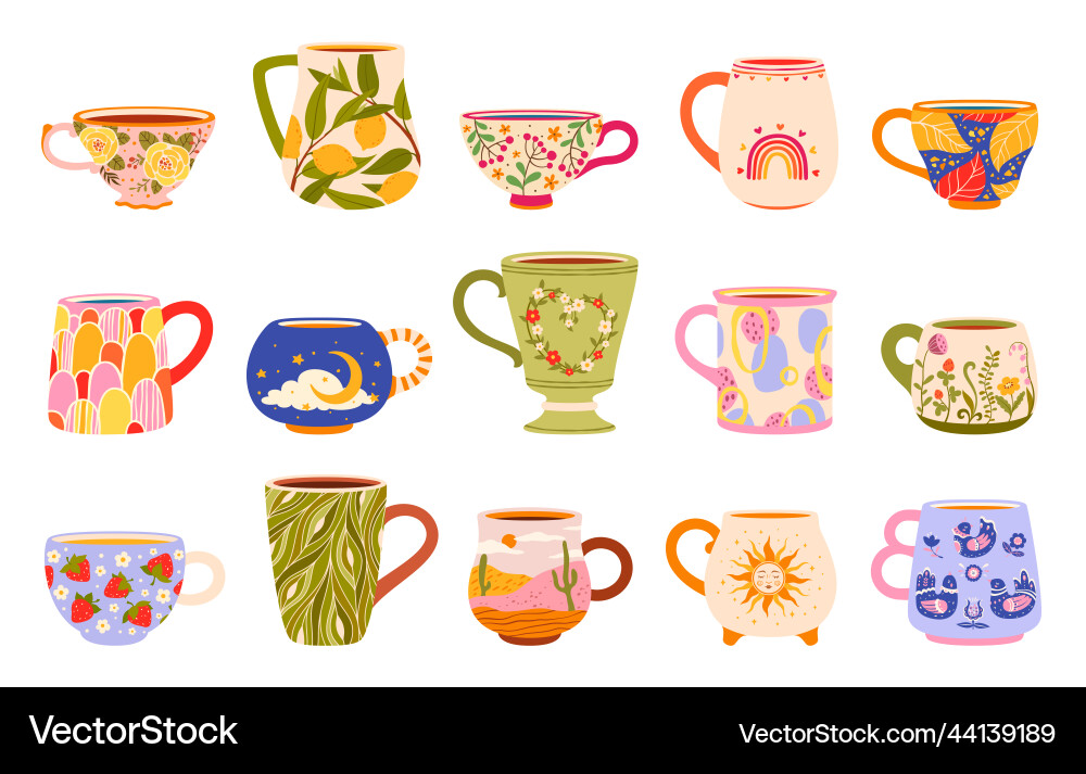 Ceramic tea cups and coffee mugs kitchen crockery Vector Image