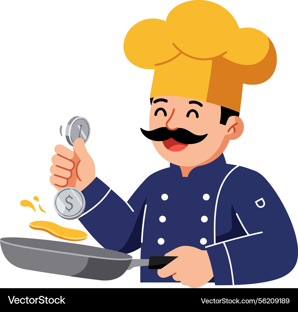 Chef in blue uniform tossing coins while frying Vector Image