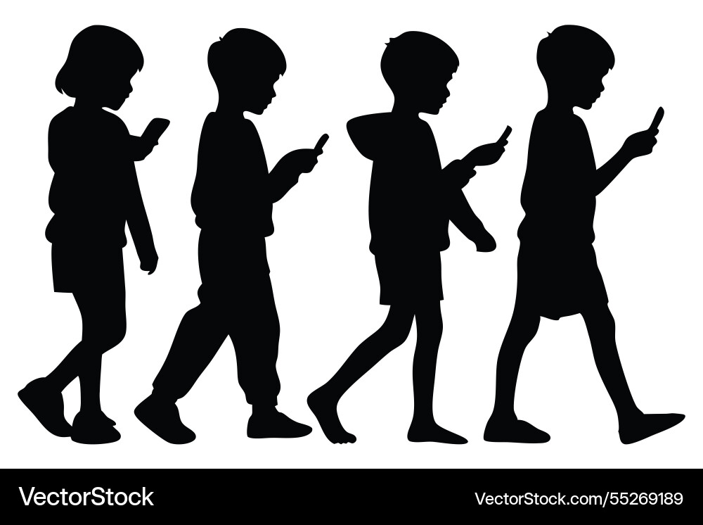Children walking while using smartphones Vector Image