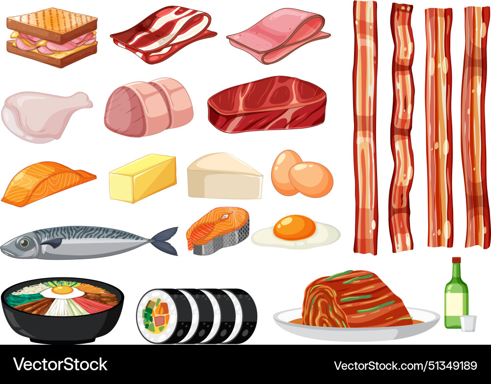 Collection of various food items in format Vector Image