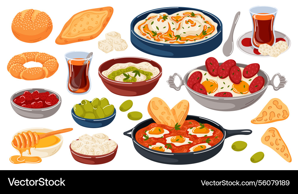 Traditional turkish breakfast food simit tea Vector Image