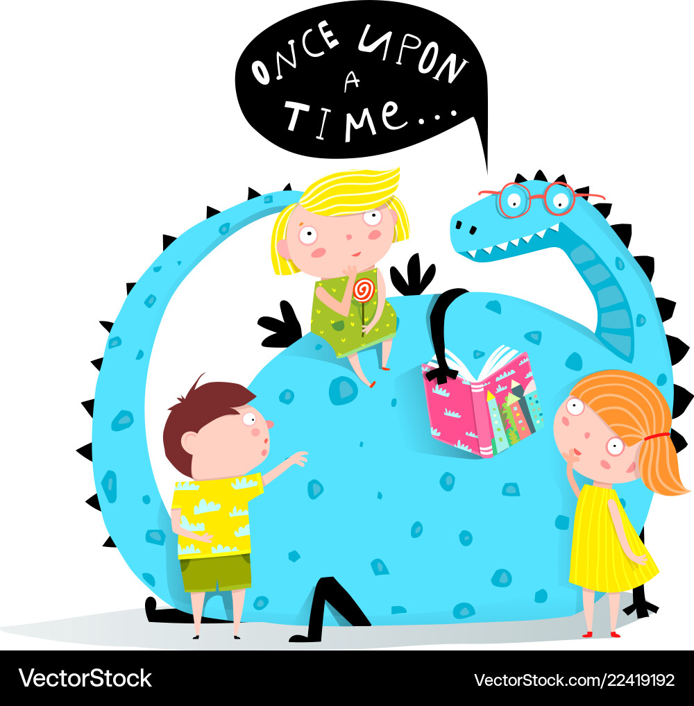 Dragon reading book to kids Royalty Free Vector Image