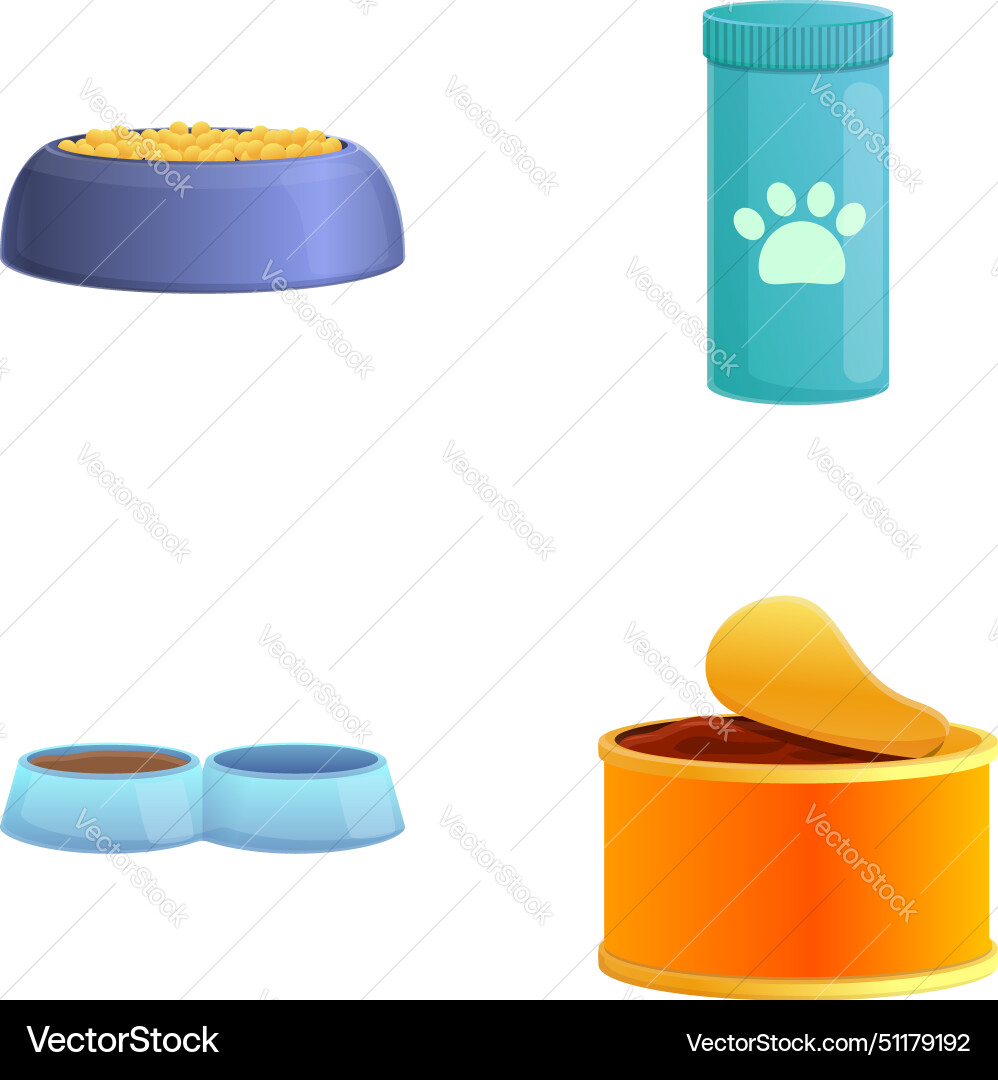 Pet food icons set cartoon packaged Royalty Free Vector
