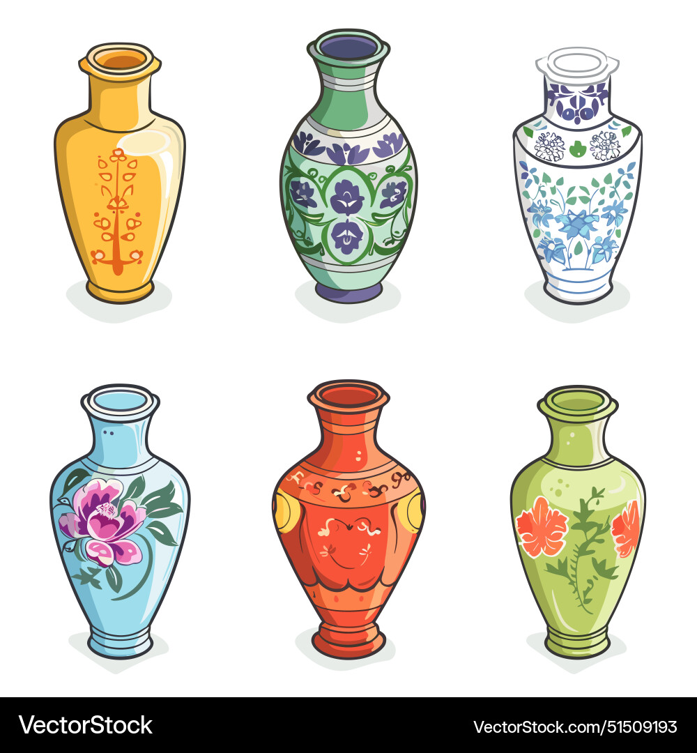 Collection colorful vases floral patterns depicted
