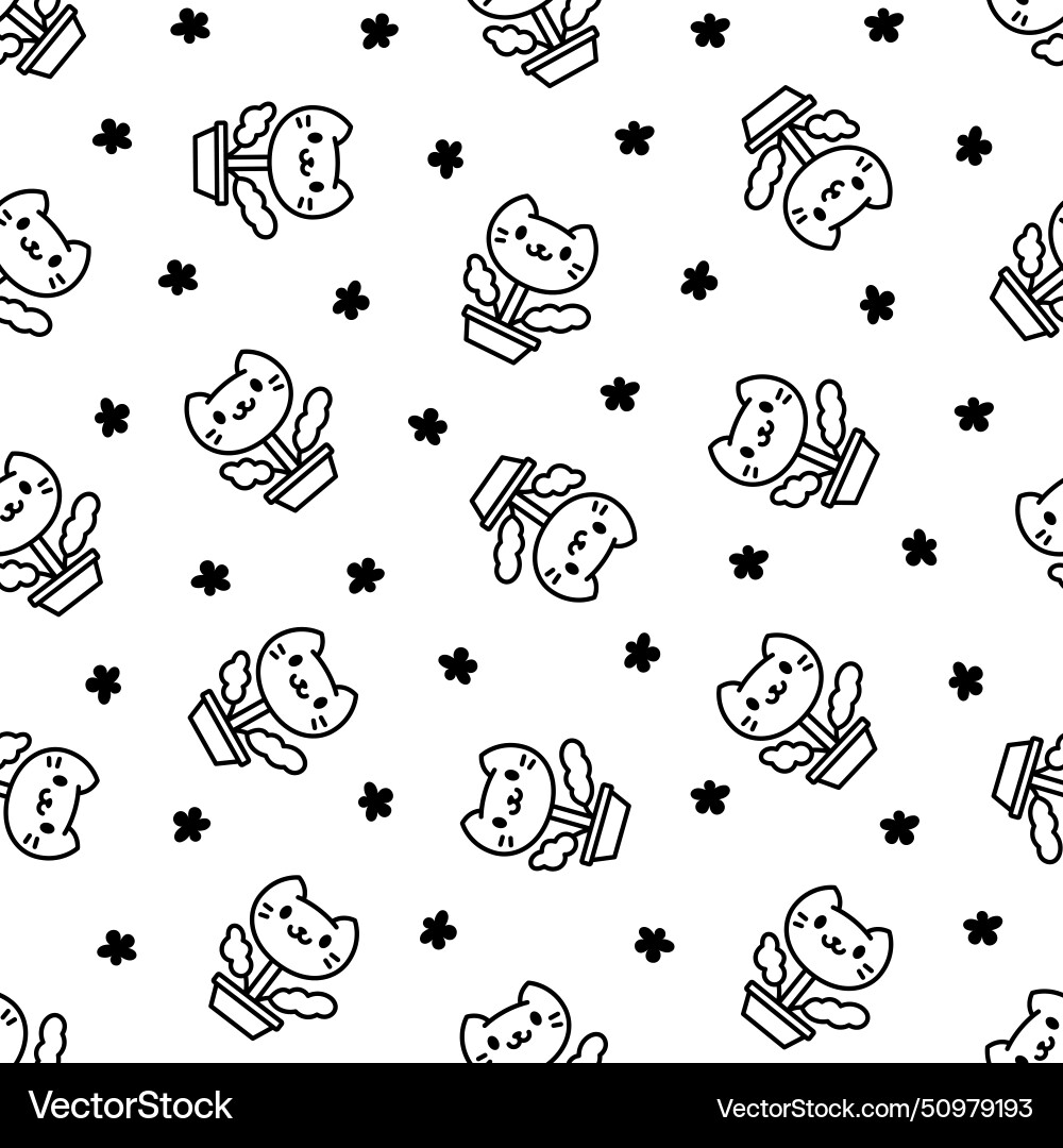 Flower cat seamless pattern coloring page Vector Image