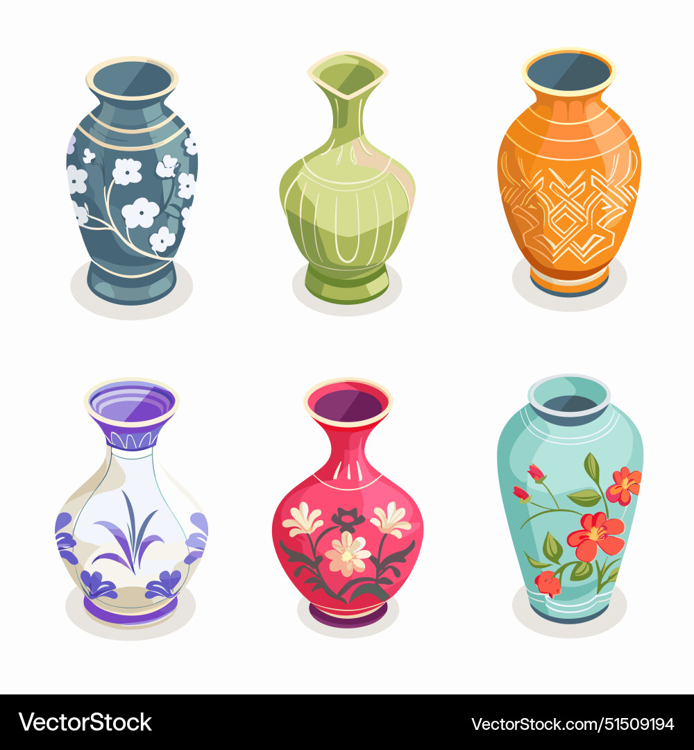 Collection six ceramic vases various patterns Vector Image