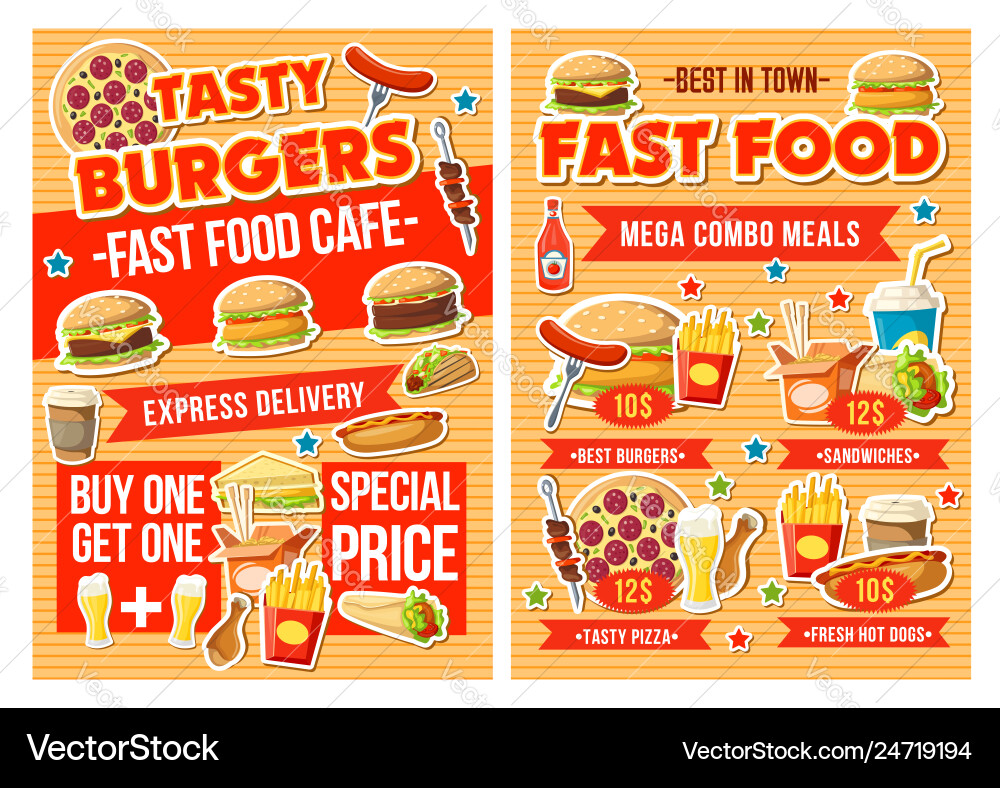 Fast food burger pizza and drinks combo menu Vector Image