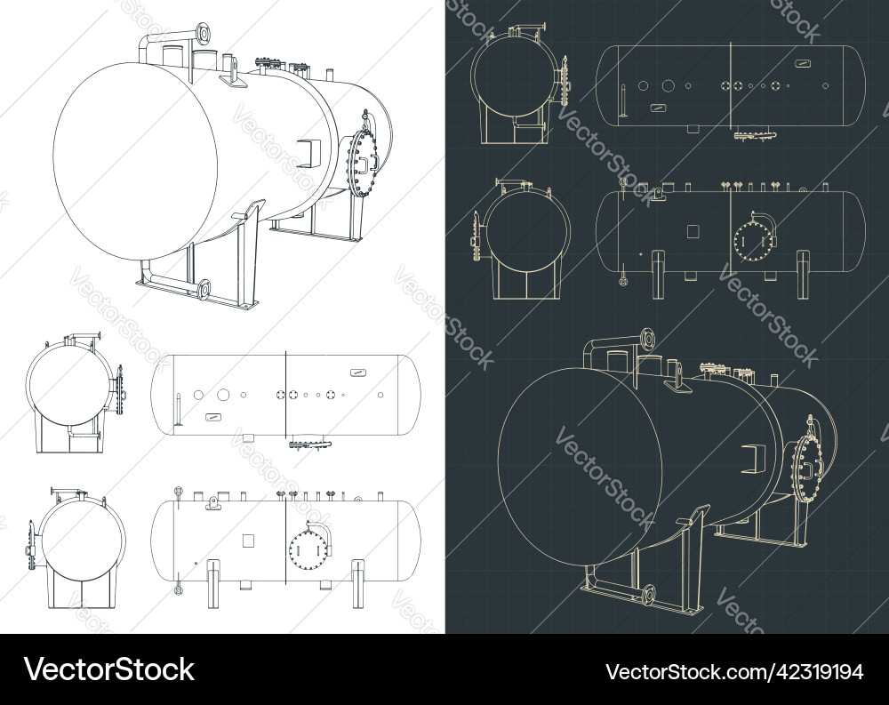 Horizontal pressure tank blueprints Royalty Free Vector
